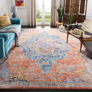 safavieh bristol collection area rug - 10' x 14', blue & orange, boho chic medallion distressed design, non-shedding & easy care, ideal for high traffic areas in living room, bedroom (btl350s)