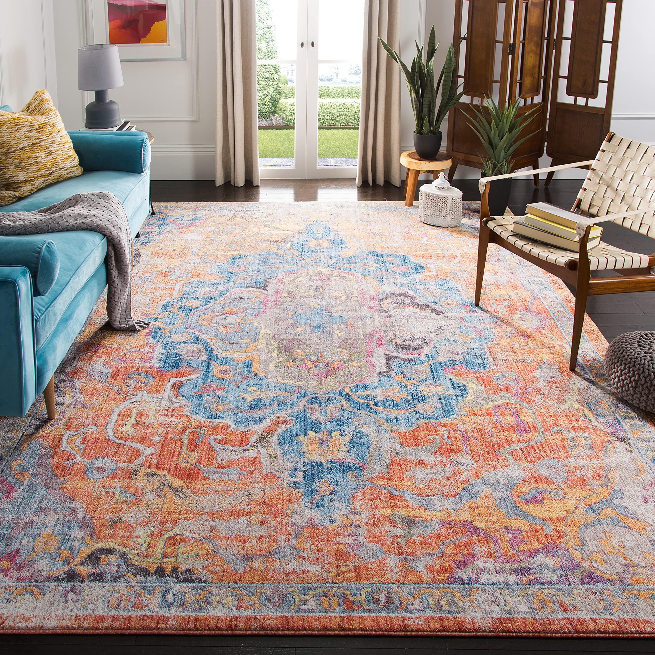 SAFAVIEH Bristol Collection Area Rug - 10' x 14', Blue & Orange, Boho Chic Medallion Distressed Design, Non-Shedding & Easy Care, Ideal for High Traffic Areas in Living Room, Bedroom (BTL350S)