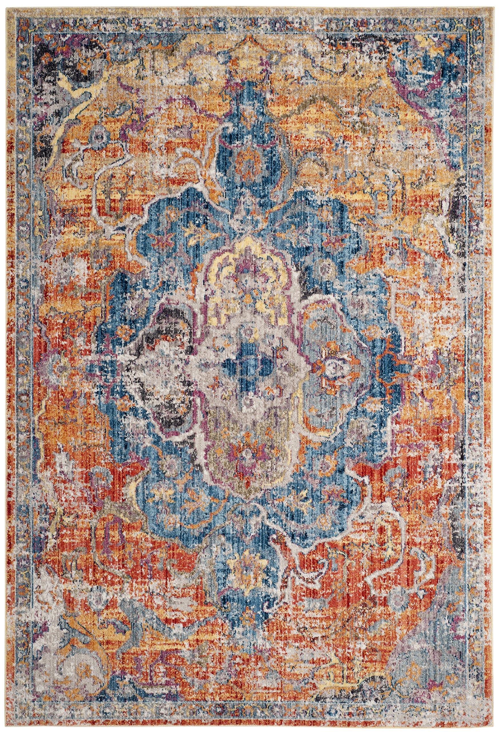 SAFAVIEH Bristol Collection Area Rug - 10' x 14', Blue & Orange, Boho Chic Medallion Distressed Design, Non-Shedding & Easy Care, Ideal for High Traffic Areas in Living Room, Bedroom (BTL350S)