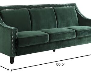 Iconic Home Camren Sofa Velvet Upholstered Swoop Arm Silver Nailhead Trim Espresso Finished Wood Legs Couch Modern Contemporary, Green