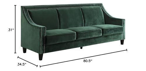 Iconic Home Camren Sofa Velvet Upholstered Swoop Arm Silver Nailhead Trim Espresso Finished Wood Legs Couch Modern Contemporary, Green