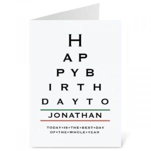 personalized eye chart birthday create a card, funny age humor with recipient's name, great for men, women and all friends, single large card 5" by 7"