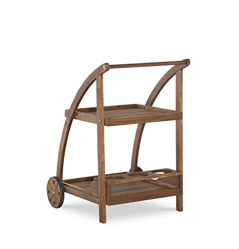 Linon Chandler Acorn Finished Acacia Wood Outdoor Bar Trolley with Three Bottle Glass Holders