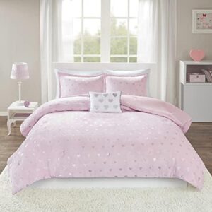 Mi Zone Rosalie Comforter Set for Girls, Ultra-Soft Microlight Plush Metallic Printed Hearts Brushed Reverse Overfilled Down Alternative Hypoallergenic All Season, , Full/Queen, Pink/Silver, 4 Piece