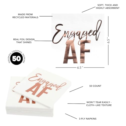 Andaz Press Gold Foil Engaged AF Napkins Floral Wreath, 6.5-inch, 50-Pack, Bridal Shower Napkins For Wedding Engagement Party Bachelorette Party Napkins Bride Napkins Funny Bar Napkins Mimosa Napkins