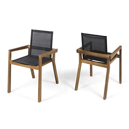 Christopher Knight Home Jimmy Outdoor Acacia Wood and Mesh Dining Chairs (Set of 2), Teak Finish