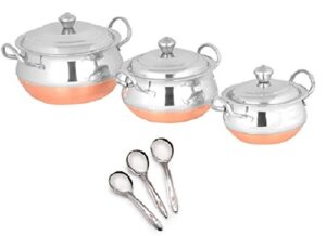 royal sapphire stainless steel copper bottom serving bowl with lid | handi with lid | cooking bowl - 3 piece set with 3 free serving spoon