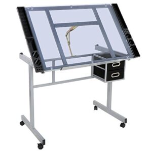 zenstyle glass top drafting table with storage, adjustable multifunctional drafting drawing table desk tempered glass top art craft w/drawers, castors