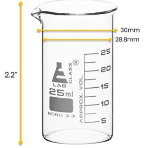 EISCO Beaker, 25ml - Tall Form with Spout - White, 2.5ml Graduations - Borosilicate 3.3 Glass