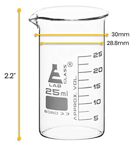 EISCO Beaker, 25ml - Tall Form with Spout - White, 2.5ml Graduations - Borosilicate 3.3 Glass