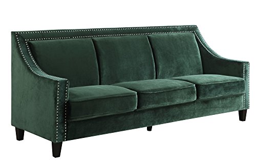 Iconic Home Camren Sofa Velvet Upholstered Swoop Arm Silver Nailhead Trim Espresso Finished Wood Legs Couch Modern Contemporary, Green