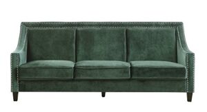 iconic home camren sofa velvet upholstered swoop arm silver nailhead trim espresso finished wood legs couch modern contemporary, green