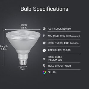 Feit Electric PAR38 LED Bulb, 90W Equivalent, Dimmable, 5000k Daylight, 1000 Lumen, 22 Year Lifespan, E26 Base, PAR38 Flood Light Bulb, CRI 90, Indoor/Outdoor, UL Listed, 1 Pack, PAR38DM/950CA