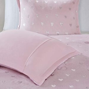 Mi Zone Rosalie Comforter Set for Girls, Ultra-Soft Microlight Plush Metallic Printed Hearts Brushed Reverse Overfilled Down Alternative Hypoallergenic All Season, , Full/Queen, Pink/Silver, 4 Piece