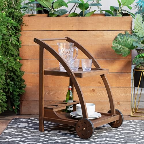 Linon Chandler Acorn Finished Acacia Wood Outdoor Bar Trolley with Three Bottle Glass Holders