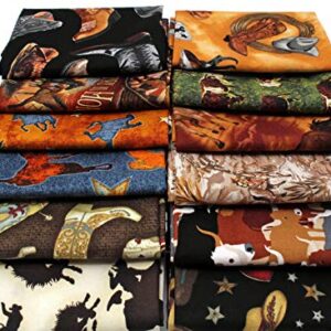 10 Fat Quarters - Assorted Western Cowboys Old West Out West Horses Rodeo Horse Lasso Boots Horseshoes Classic Quality Quilters Cotton Fabric Bundle M221.11