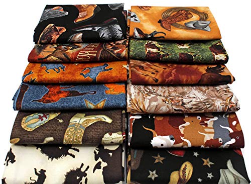 10 Fat Quarters - Assorted Western Cowboys Old West Out West Horses Rodeo Horse Lasso Boots Horseshoes Classic Quality Quilters Cotton Fabric Bundle M221.11