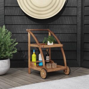 Linon Chandler Acorn Finished Acacia Wood Outdoor Bar Trolley with Three Bottle Glass Holders