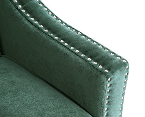 Iconic Home Camren Sofa Velvet Upholstered Swoop Arm Silver Nailhead Trim Espresso Finished Wood Legs Couch Modern Contemporary, Green