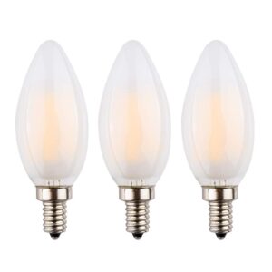 opalray led candelabra bulb, c35 frosted glass cover, 4w dimmable led filament bulb, 40w incandescent bulb equivalent, e12 base lamp, warm white light color 2700k, torpedo tip, pack of 3