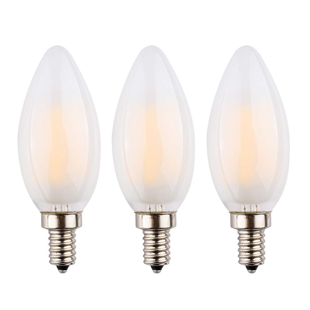 OPALRAY LED Candelabra Bulb, C35 Frosted Glass Cover, 4W Dimmable LED Filament Bulb, 40W Incandescent Bulb Equivalent, E12 Base Lamp, Warm White Light Color 2700K, Torpedo Tip, Pack of 3