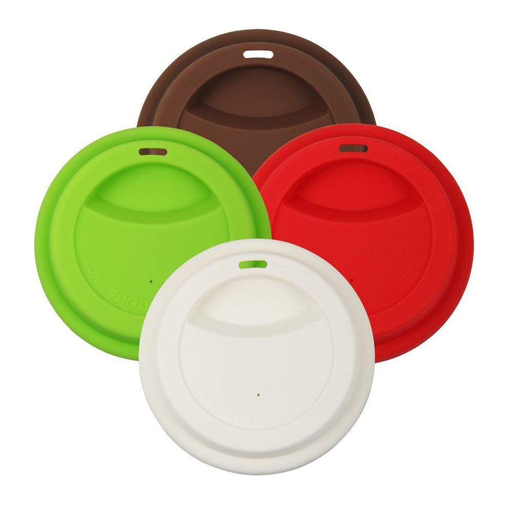 4 Pack Silicone Coffee Cup Lid Drinking Lid,Reusable and Durable Soft Silicone Drinking Lid-Red,Green,White,Brown