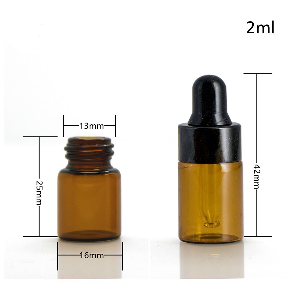 Pack of 100,2ml (5/8 dram) Amber Glass Dropper Bottle,Empty Sample Vial Glass Eye Dropper Aromatherapy Liquid Perfume Essential Oil Bottles with Glass pipette&Black Aluminum caps