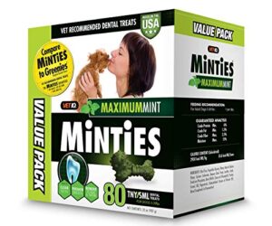 vetiq minties dog dental bone treats, dental chews for dogs, (perfect for tiny / small dogs under 40 lbs), 80 treats (box)