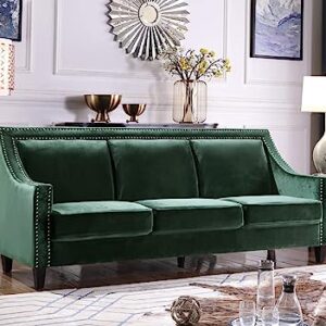 Iconic Home Camren Sofa Velvet Upholstered Swoop Arm Silver Nailhead Trim Espresso Finished Wood Legs Couch Modern Contemporary, Green