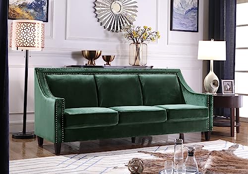 Iconic Home Camren Sofa Velvet Upholstered Swoop Arm Silver Nailhead Trim Espresso Finished Wood Legs Couch Modern Contemporary, Green