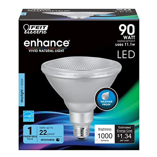 Feit Electric PAR38 LED Bulb, 90W Equivalent, Dimmable, 5000k Daylight, 1000 Lumen, 22 Year Lifespan, E26 Base, PAR38 Flood Light Bulb, CRI 90, Indoor/Outdoor, UL Listed, 1 Pack, PAR38DM/950CA