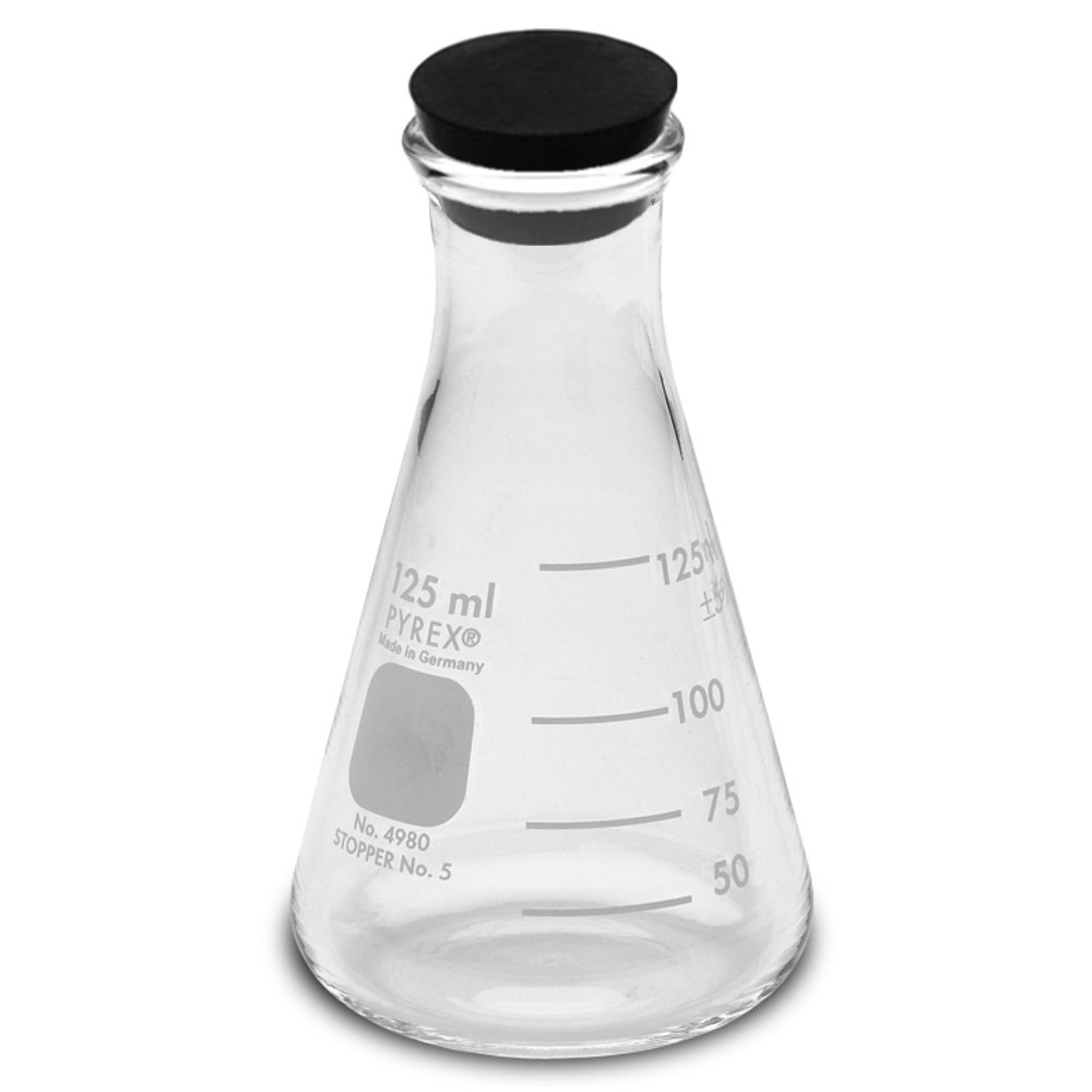 Corning Pyrex #4980-125, 125ml Narrow Mouth Erlenmeyer Flask with Rubber Stopper (Single)