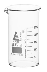 eisco beaker, 25ml - tall form with spout - white, 2.5ml graduations - borosilicate 3.3 glass