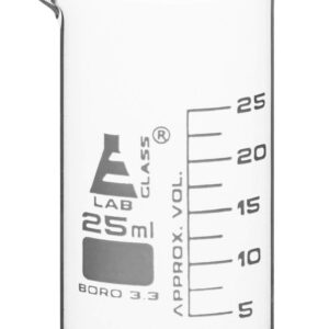 EISCO Beaker, 25ml - Tall Form with Spout - White, 2.5ml Graduations - Borosilicate 3.3 Glass