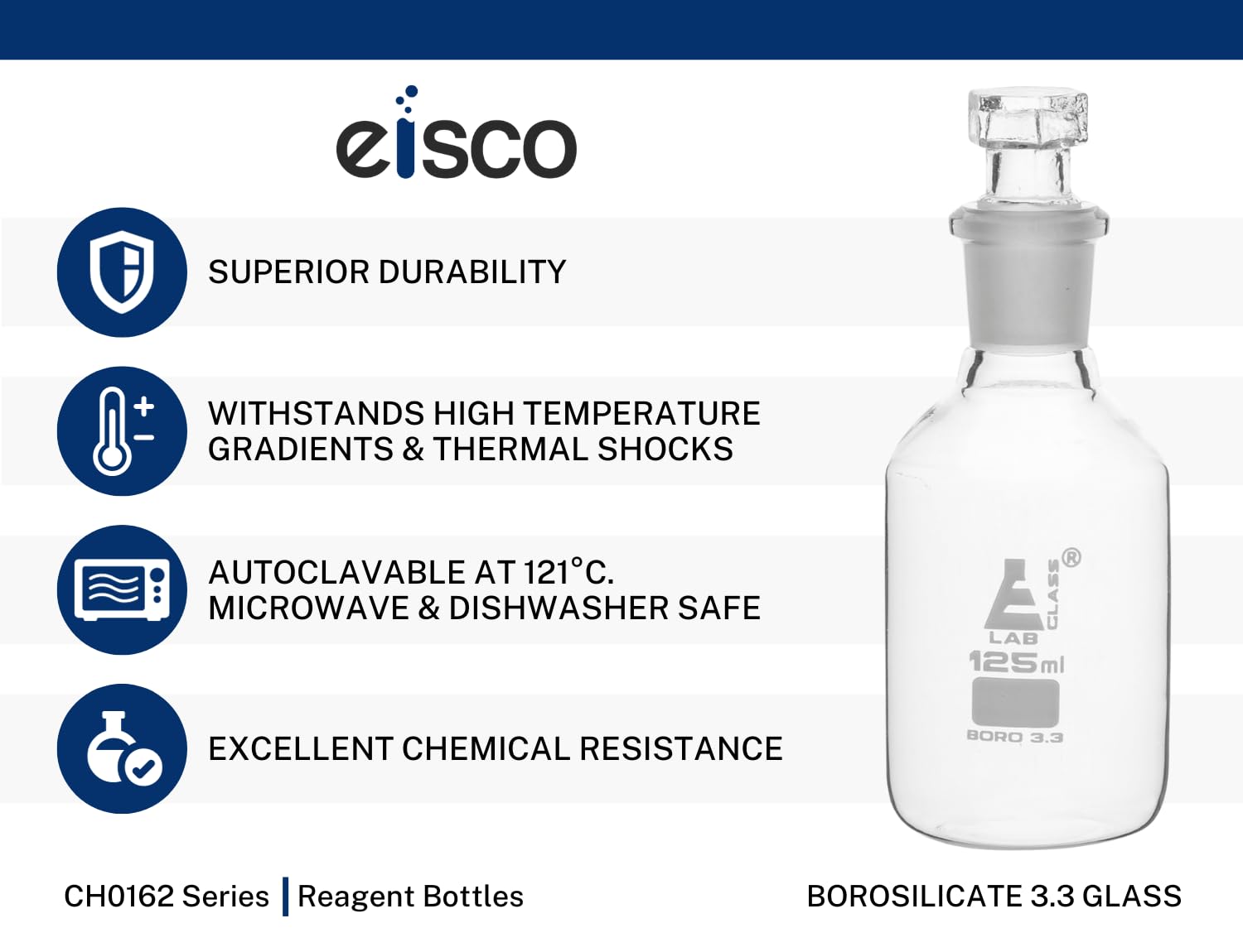 EISCO Reagent Bottle, Borosilicate Glass, Narrow Mouth with Interchangeable Hexagonal hollow glass Stopper - 250ml Labs