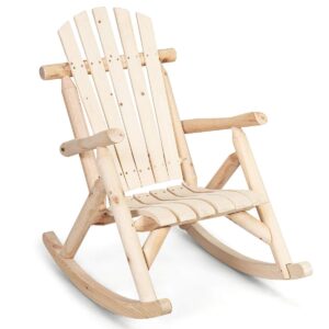 giantex log wooden rocking chair, wood porch & patio rocker with slatted seat and backrest, adirondack rocking chair, outdoor accent furniture for balcony, garden, poolside, backyard, natural (1)