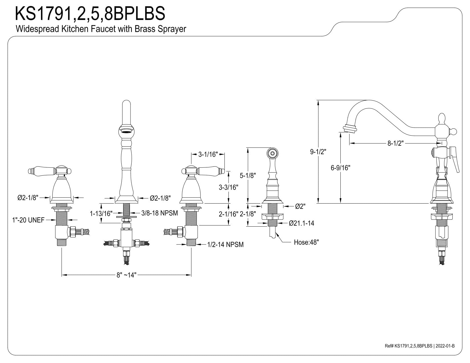 Kingston Brass KS1792BPLBS Bel-Air Widespread Kitchen Faucet, 8-1/2 Inch in Spout Reach, Polished Brass