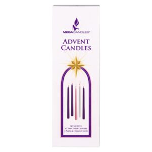 Mega Candles 5 pcs Unscented Christmas Advent Candles Set, Hand Poured Premium Wax Taper Candle 12 Inch x 7/8 Inch, Holidays, Celebrations, Devotional, Church, Wreath, Party, Gifts