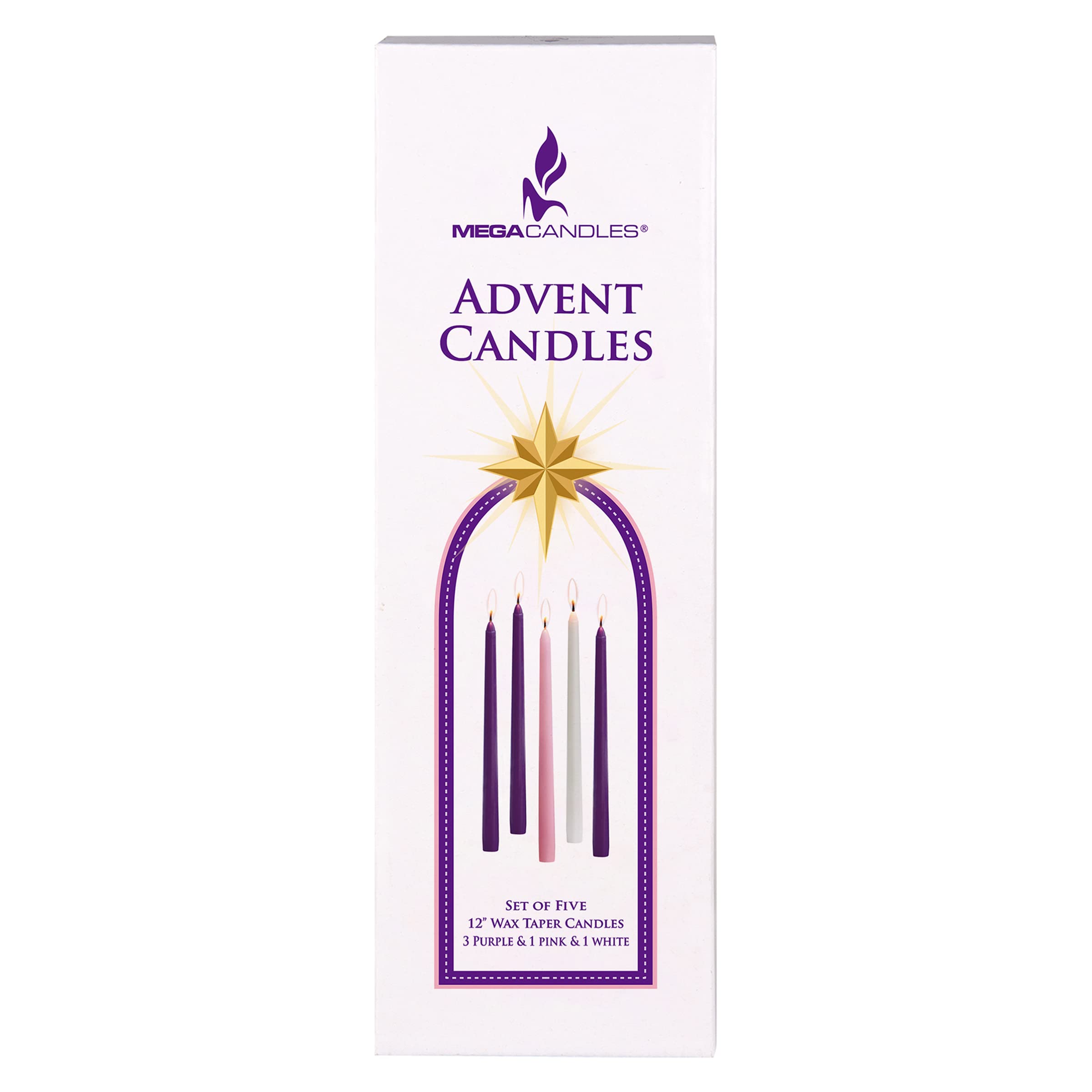 Mega Candles 5 pcs Unscented Christmas Advent Candles Set, Hand Poured Premium Wax Taper Candle 12 Inch x 7/8 Inch, Holidays, Celebrations, Devotional, Church, Wreath, Party, Gifts