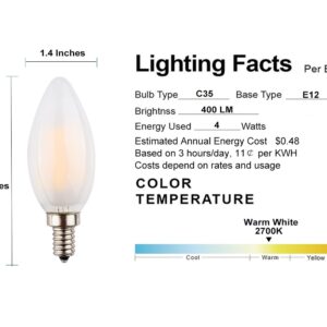 OPALRAY LED Candelabra Bulb, C35 Frosted Glass Cover, 4W Dimmable LED Filament Bulb, 40W Incandescent Bulb Equivalent, E12 Base Lamp, Warm White Light Color 2700K, Torpedo Tip, Pack of 3