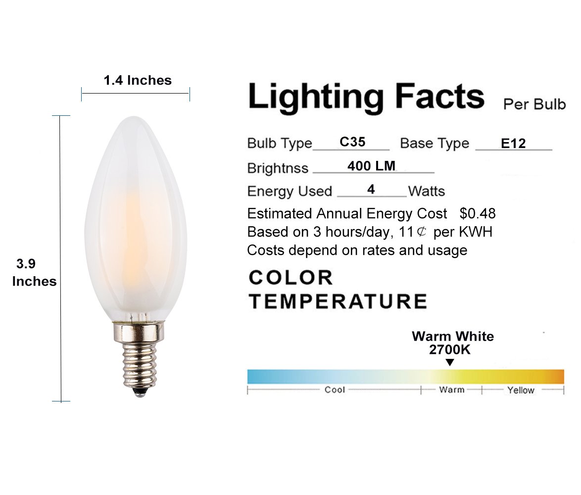 OPALRAY LED Candelabra Bulb, C35 Frosted Glass Cover, 4W Dimmable LED Filament Bulb, 40W Incandescent Bulb Equivalent, E12 Base Lamp, Warm White Light Color 2700K, Torpedo Tip, Pack of 3