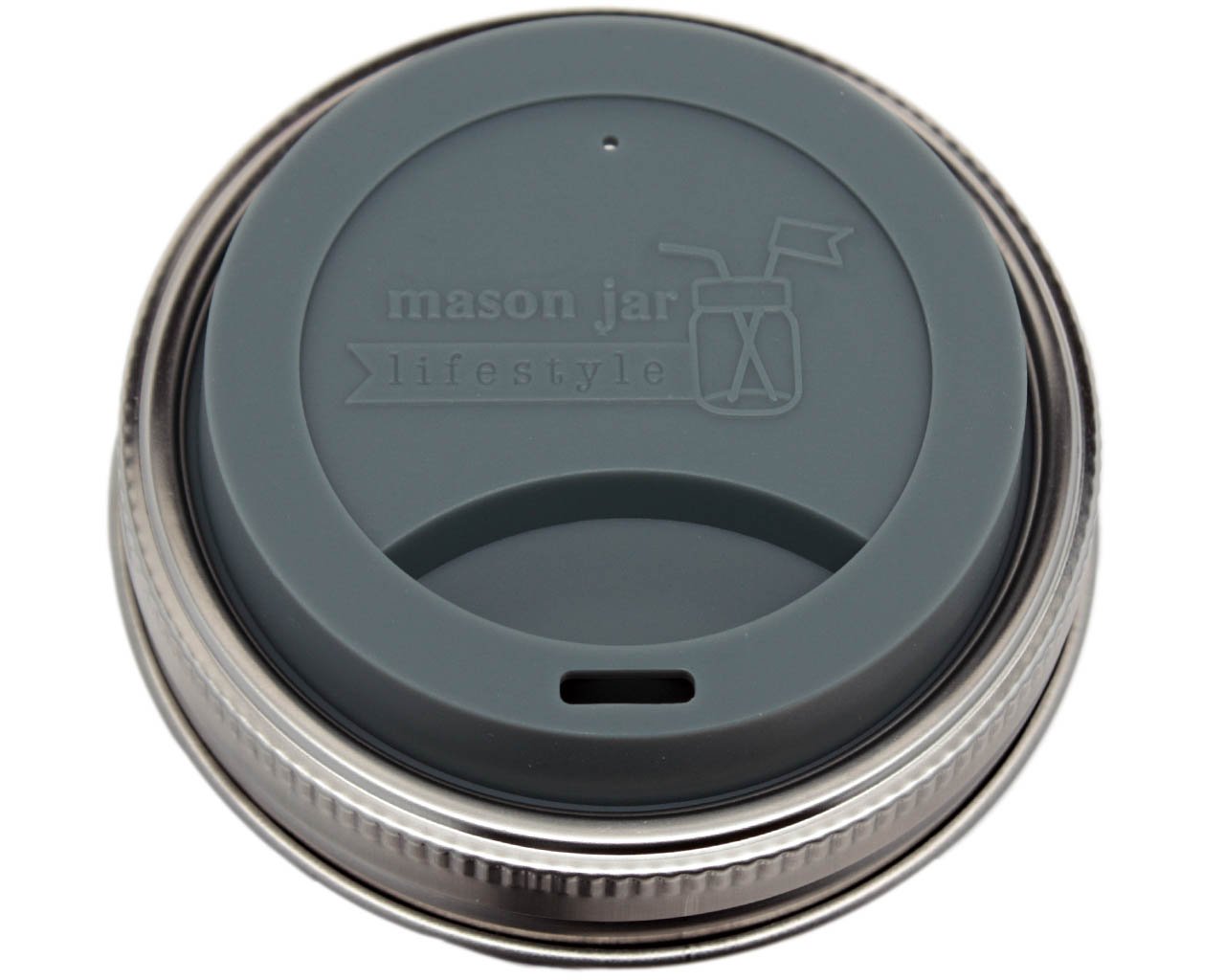 Silicone Drinking Lids with Rust Proof Stainless Steel Bands by Mason Jar Lifestyle (2 Pack, Charcoal Gray, Wide Mouth)