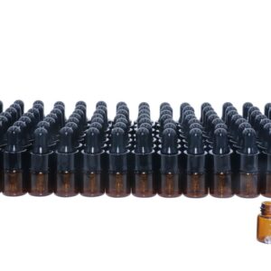 Pack of 100,2ml (5/8 dram) Amber Glass Dropper Bottle,Empty Sample Vial Glass Eye Dropper Aromatherapy Liquid Perfume Essential Oil Bottles with Glass pipette&Black Aluminum caps