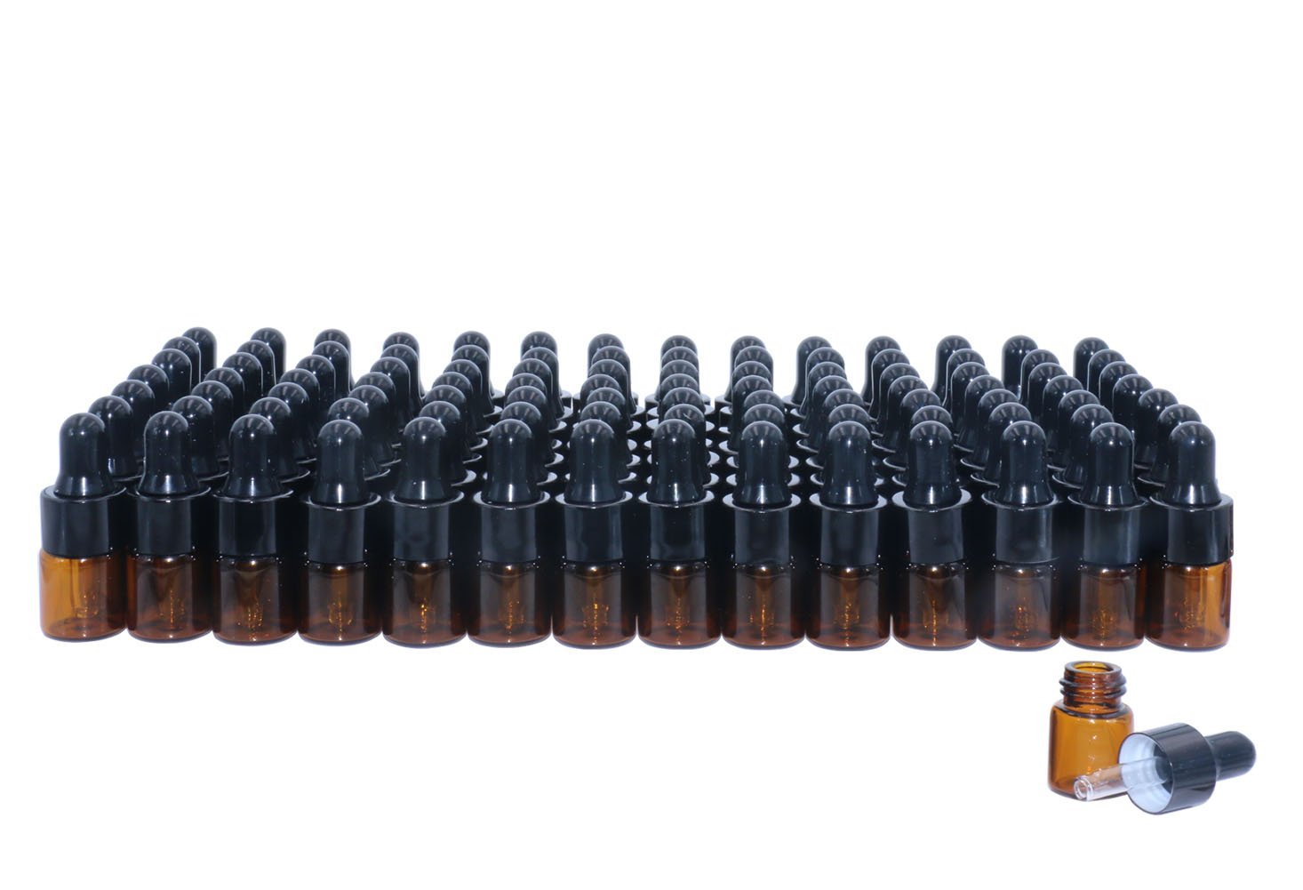 Pack of 100,2ml (5/8 dram) Amber Glass Dropper Bottle,Empty Sample Vial Glass Eye Dropper Aromatherapy Liquid Perfume Essential Oil Bottles with Glass pipette&Black Aluminum caps