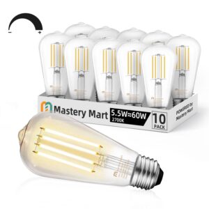 mastery mart 10 pack vintage led edison bulbs, e26 led bulb 5.5w equivalent to 60w, dimmable, soft white 2700k, high brightness st58 antique led filament bulbs, clear glass