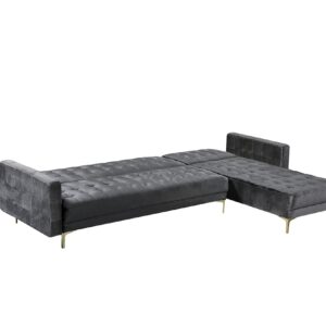 Iconic Home Amandal Convertible Sofa Sleeper Bed L Shape Chaise Tufted Velvet Upholstered Gold Tone Metal Y-Leg Modern Contemporary, Right Facing Sectional, Grey Velvet