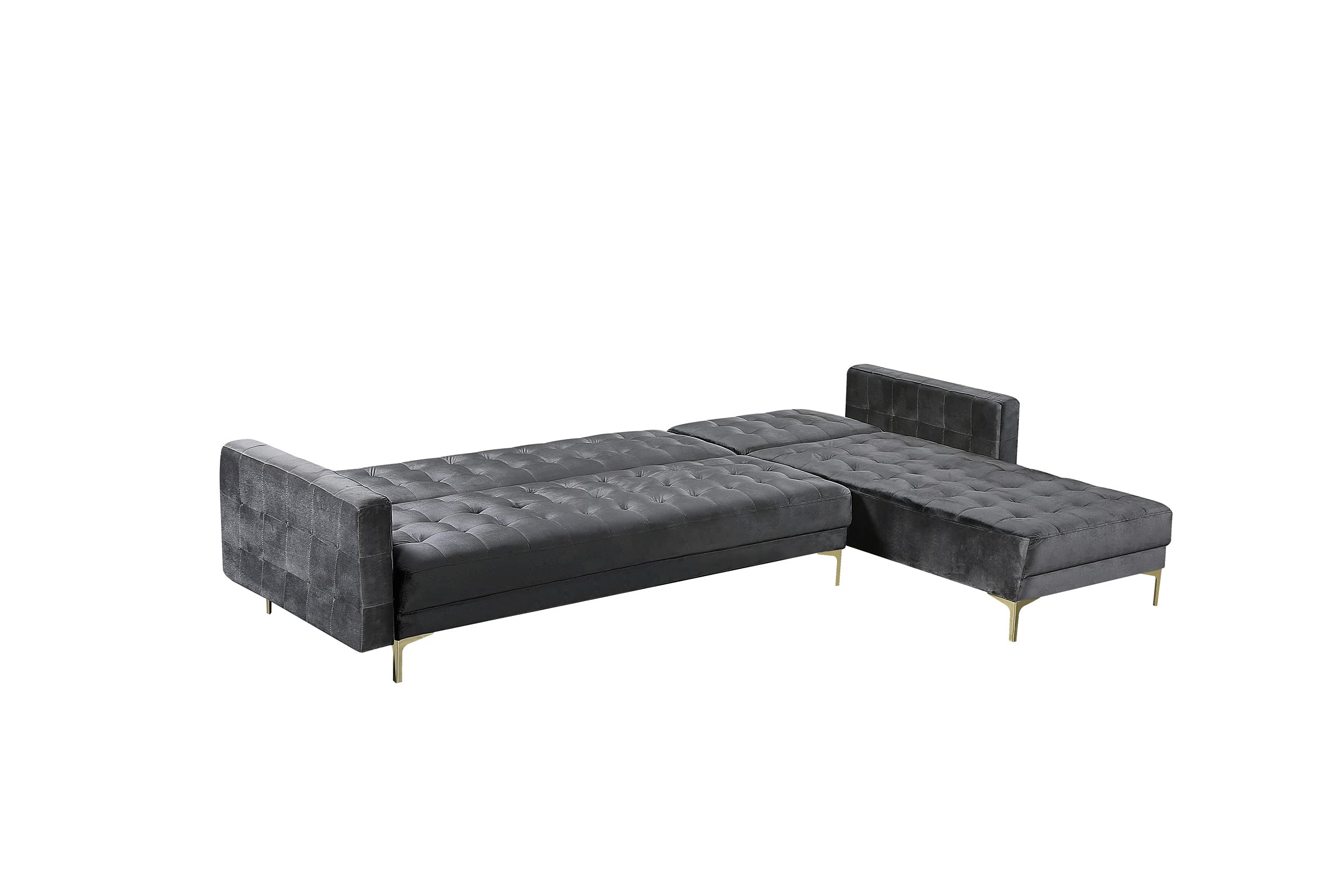 Iconic Home Amandal Convertible Sofa Sleeper Bed L Shape Chaise Tufted Velvet Upholstered Gold Tone Metal Y-Leg Modern Contemporary, Right Facing Sectional, Grey Velvet