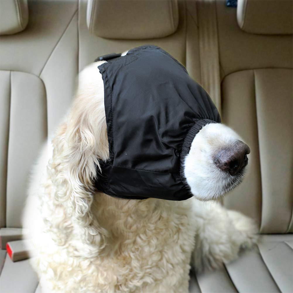 DELIFUR Dog Muzzle Pet Eye Cover Dog Blindfold Thunder Cap for Dogs Eye Mask Nylon Shading for Grooming Anti Car Sickness Adjustable (L)