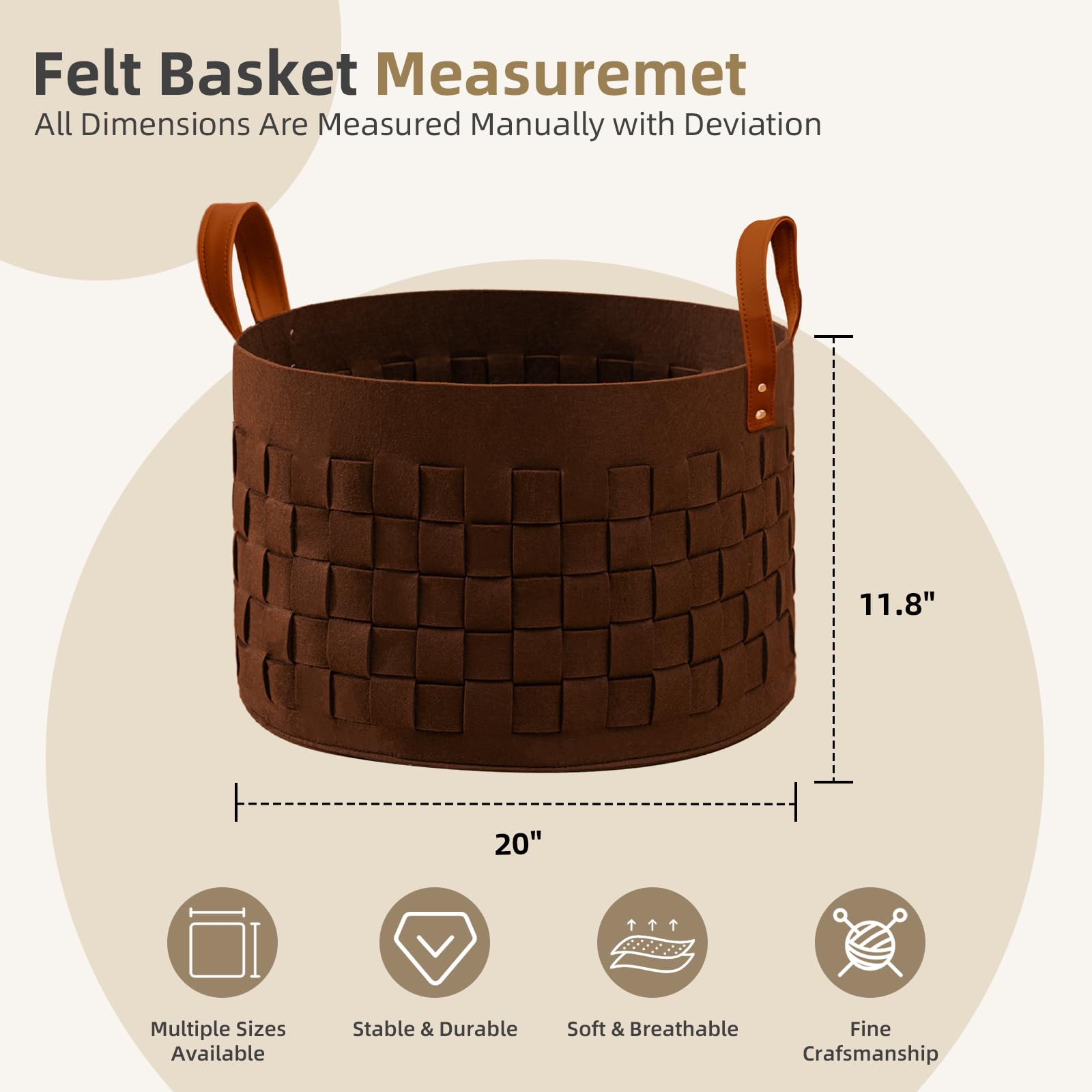 boldmonkey Laundry Basket 20" x20 x11.8, Large Felt Fabric Blanket Basket with Leather Handle, Dirt Clothes Laundry Hamper Round for Babies, Dogs and Living Room-Brown