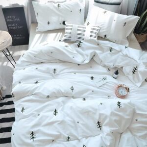 bulutu kids duvet cover full cotton white/grey,premium boys girls bedding sets queen,double bed comforter cover zipper closure,forest tree print pattern,super soft,breathable,no comforter